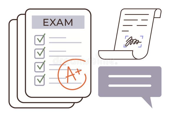 Exam Paper with Grading, Signed Document, and Feedback Bubble Representing Evaluation and ...