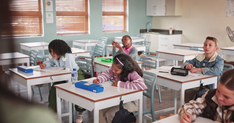 Exam, Writing and Students in Classroom for Education, Learning and ...