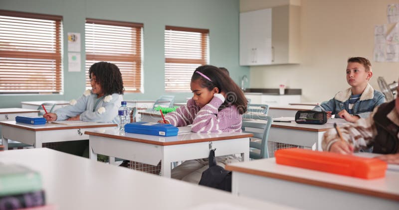 Exam, Writing and Students in Classroom for Education, Learning and ...