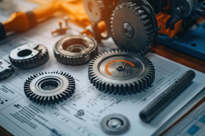 Examine Engineering Blueprint with Mechanical Gears and Cogs for ...