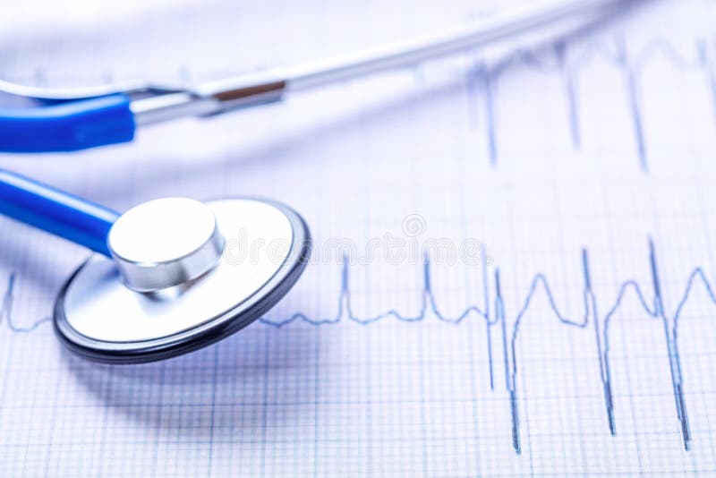 Examine the Heart Concept. Blue Stethoscope and Cardiogram Chart Close ...