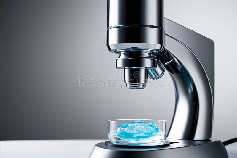 Examining a Blue Gel Sample Under a Microscope in a Modern Laboratory ...