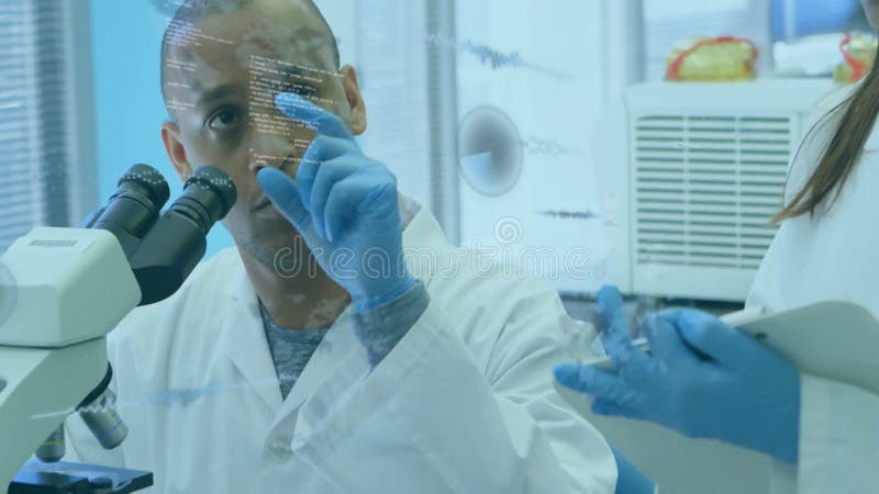 Examining Data Overlay, Scientist Using Microscope in Laboratory for Research Stock Video ...