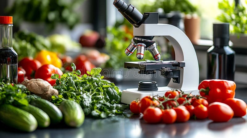 Examining Fresh Vegetables with a Microscope in a Vibrant Kitchen ...