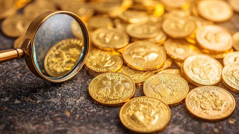 Examining a Glimmering Collection of Gold Coins Under a Magnifying ...