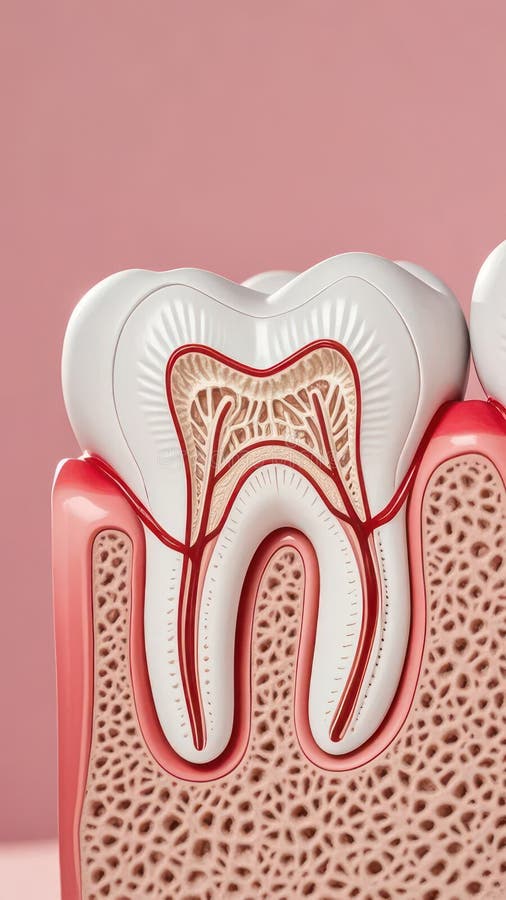 Examining Human Tooth Structure Cross Section Model on Pink Background ...