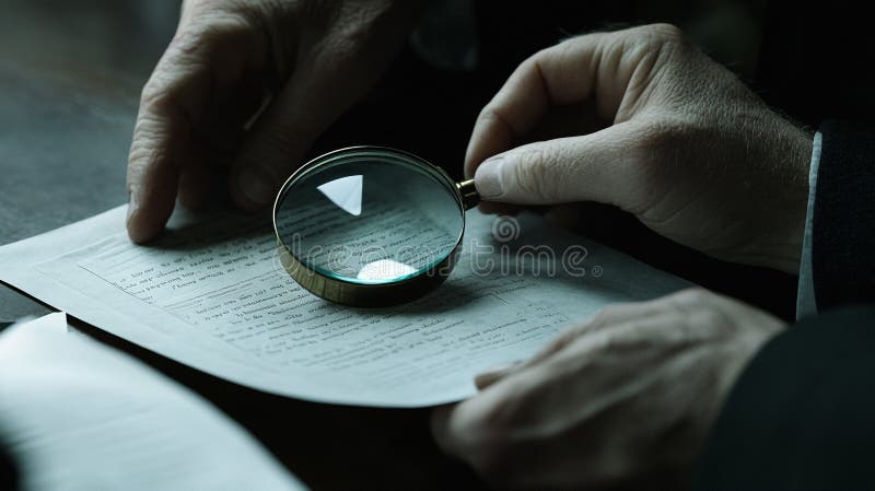Examining Old Documents Hands Magnifying Glass Contract Paperwork ...