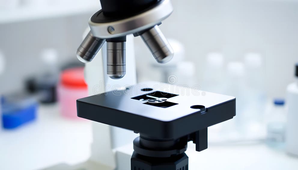 Examining Sample with Microscope in Lab Research Setting Stock ...
