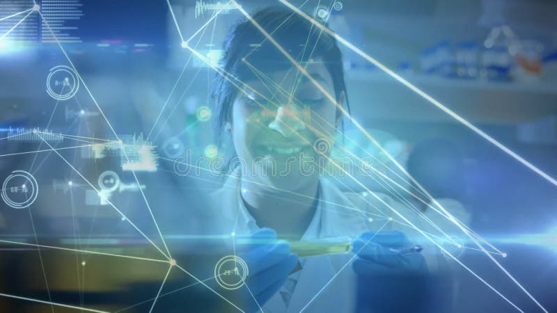 Examining Sample, Scientist Using Digital Data Processing Animation Overlay in Lab Stock Footage ...