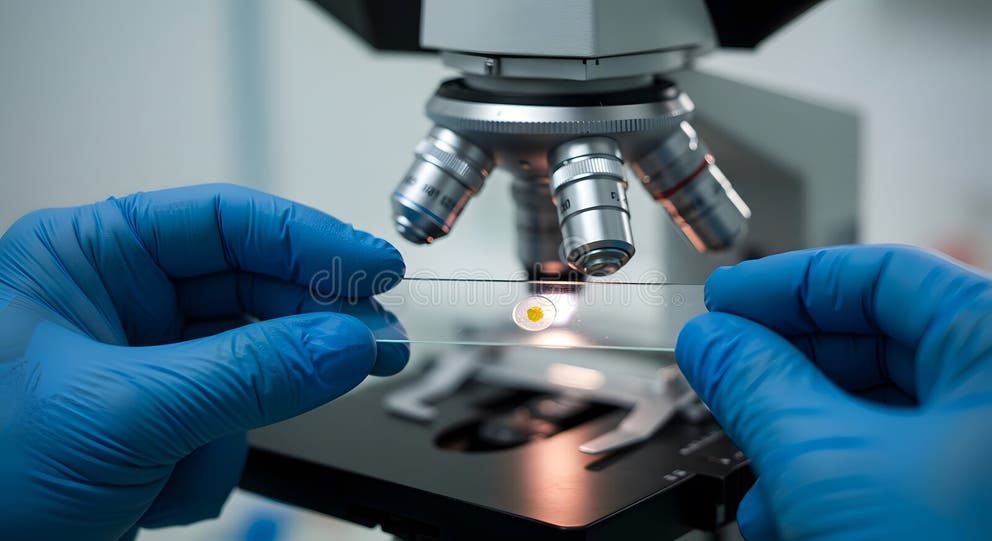 Examining Slide Sample Under Microscope with Gloved Hands in Lab Stock ...