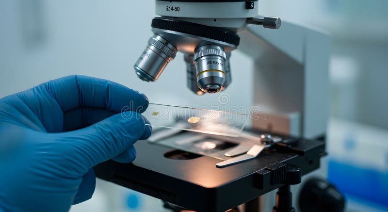Examining Specimen Under Microscope in Laboratory with Protective Glove ...