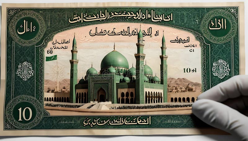 Examining Ten Qatari Riyal Banknote Featuring a Mosque and Arabic ...