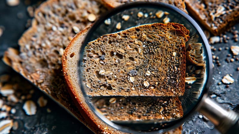 Magnifying Glass Examining a Slice of Whole Grain Bread for Quality ...