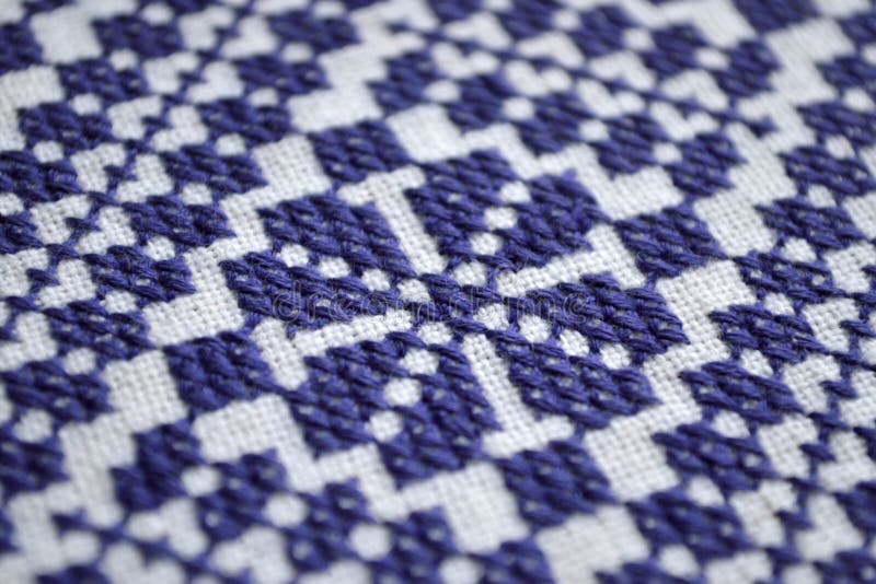 Example of Blue Square Pattern of Embroidery on White Fabric Stock ...