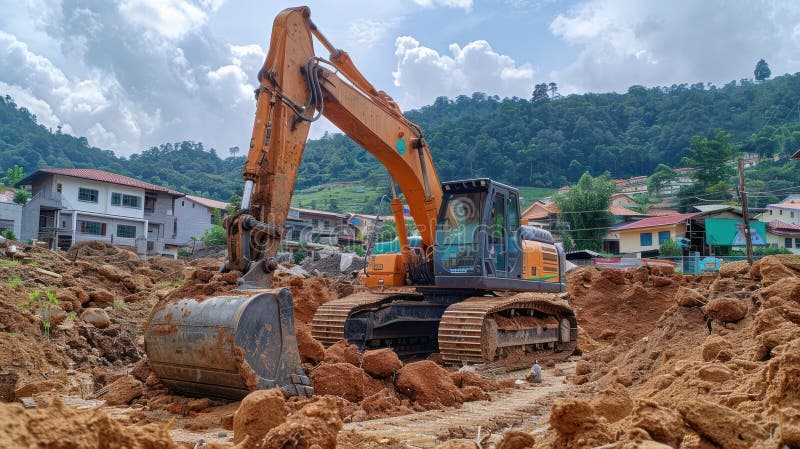 Excavation at Construction Site: Backhoe and Crawler Excavator Digging ...