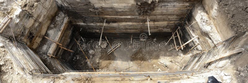 Overview of Excavation Pit with Reinforcing Bars Ready for Construction ...