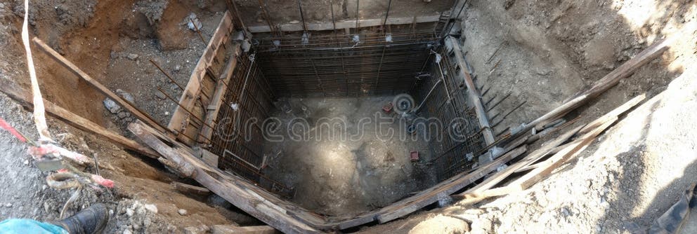Excavation Pit with Reinforcing Bars Seen from Above, Showing ...
