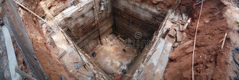 Excavation Pit with Reinforcing Bars Viewed from Above during ...