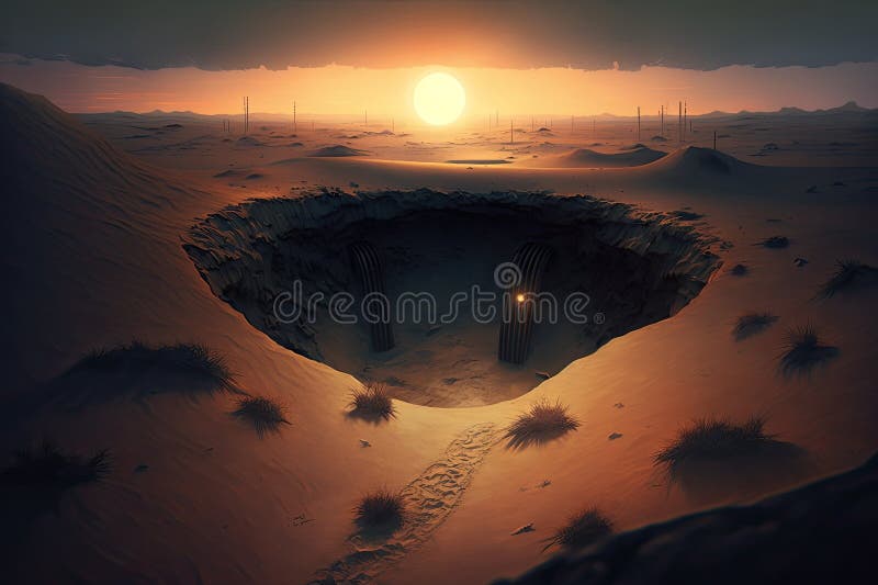 Excavation Pit Surrounded by Towering Dunes, with the Sun Setting in ...