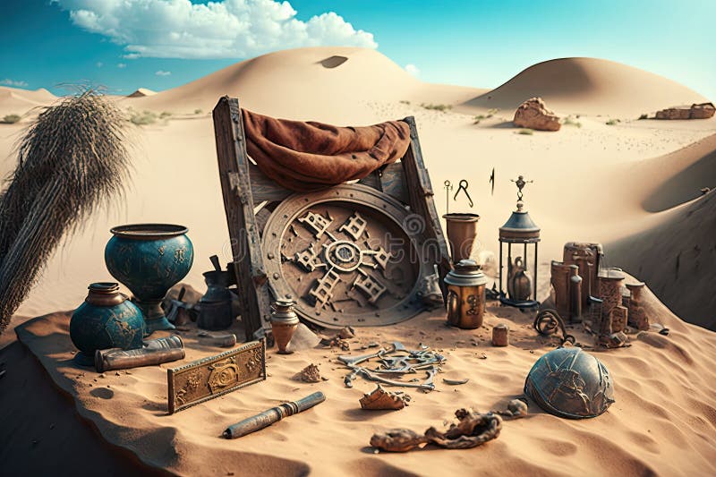 Excavation Site with Ancient Artifacts and Tools among the Dunes in the ...