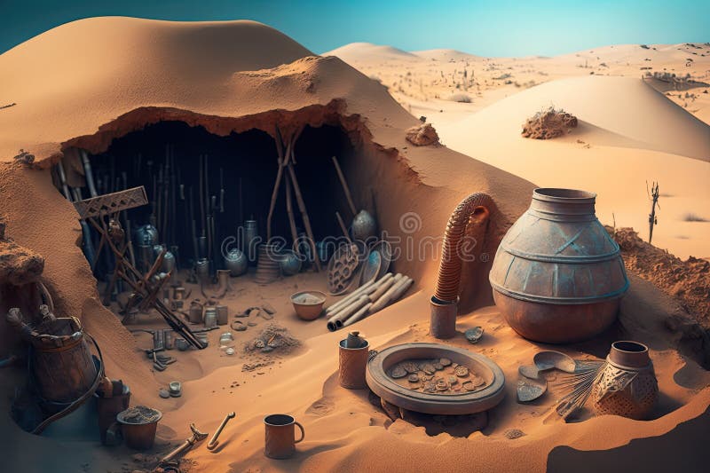 Excavation Site with Ancient Artifacts and Tools among the Dunes in the ...