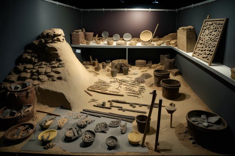 Excavation Site with Rows of Artifacts and Tools on Display Stock ...