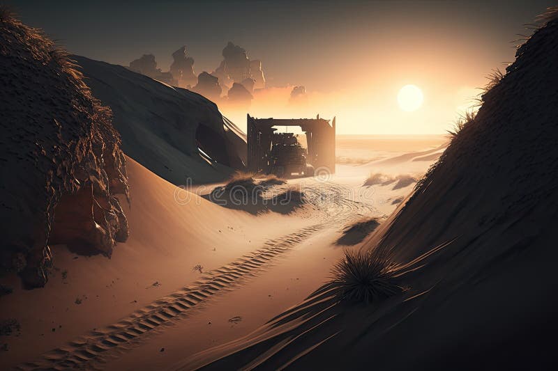 Excavation Site with Sun Setting Behind the Dunes, Creating a Dramatic ...