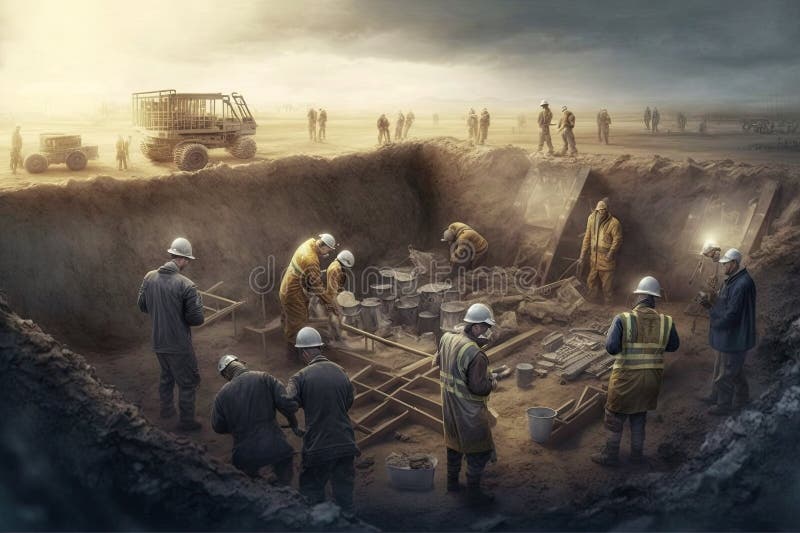 Excavation Site, with Workers Digging and Examining the Ground Stock ...
