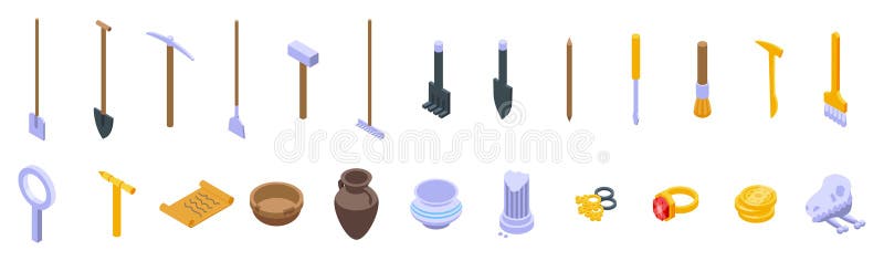 Excavation Tools Icons Set Isometric Vector. Ancient Inventory Stock ...