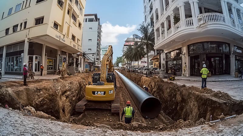 Excavation Work for New Pipeline Installation. Stock Illustration ...