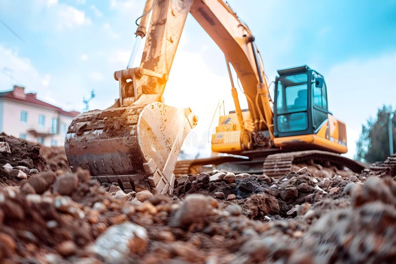 Excavator in Action at Construction Site. Concept Construction ...