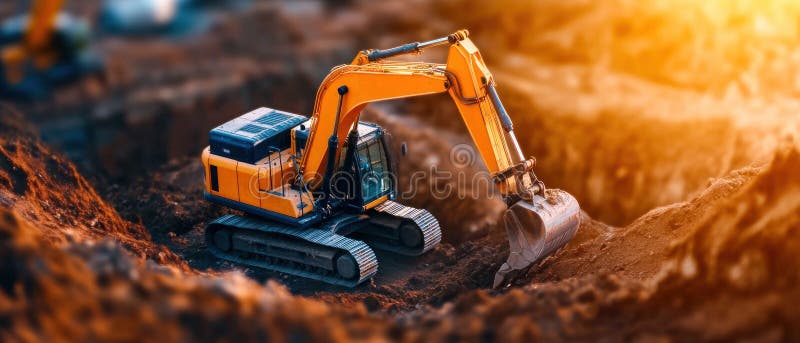 Excavator in Action at Construction Site with Dramatic Lighting and ...