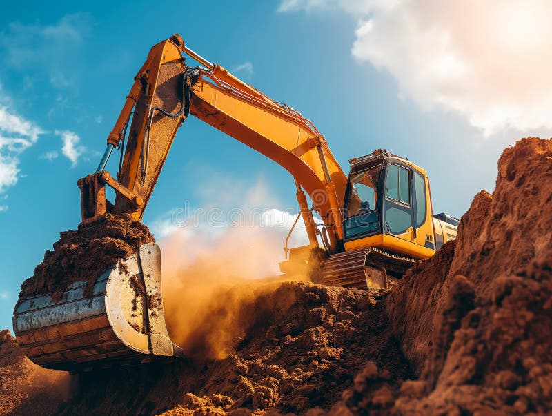 Excavator in Action at Construction Site Stock Image - Image of bucket ...
