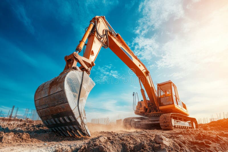 Excavator in Action at Construction Site Under Clear Blue Sky with Dust ...
