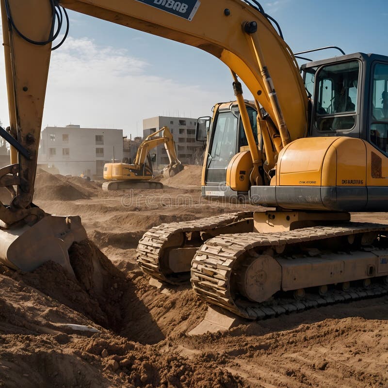 Excavator Digging Foundation for New Building at Active Construction ...