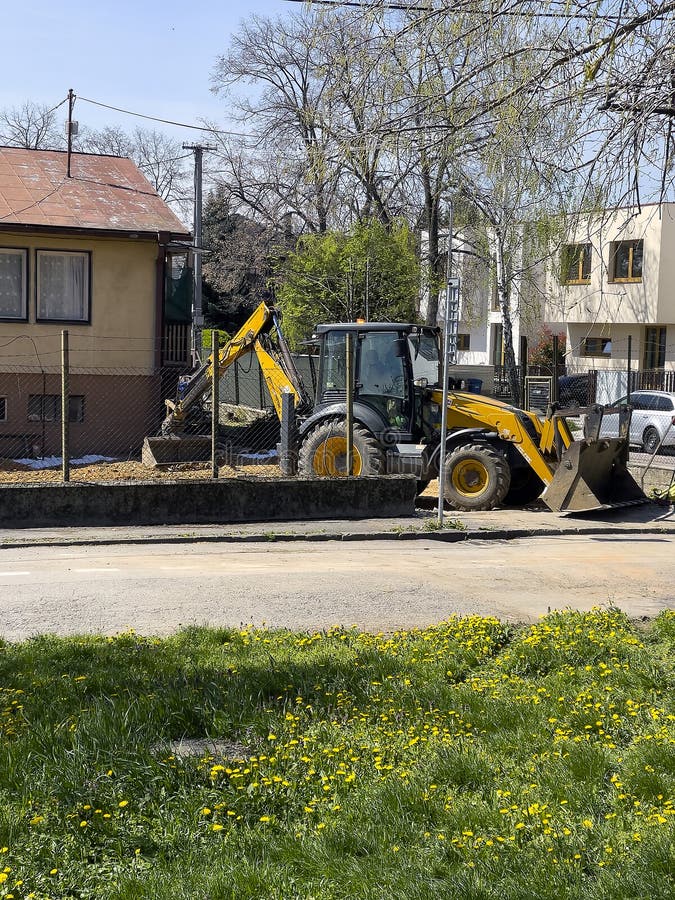 Excavator Backhoe Loader Dumps Excavated Soil Pile Home Construction ...