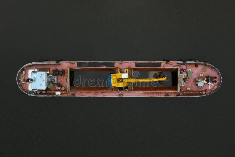Excavator on a Barge Standing at Anchor, Top View from the Drone Stock ...
