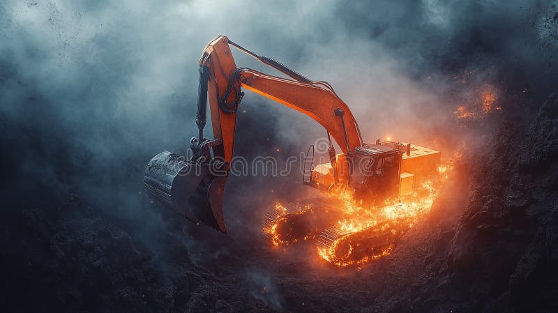 Excavator Battling Flames in a Dramatic Landscape during a Fire ...