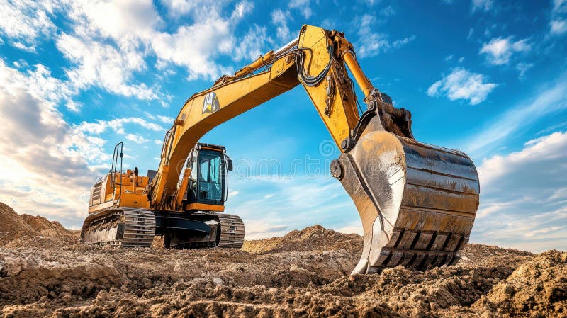 Excavator and Blue Sky Heavy Machinery at Construction Site Space for ...