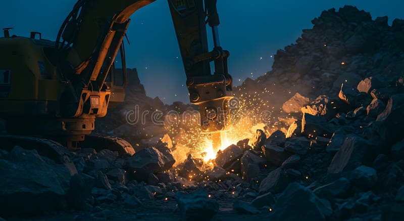 Excavator Breaking Rocks at Night with Sparks Flying during ...