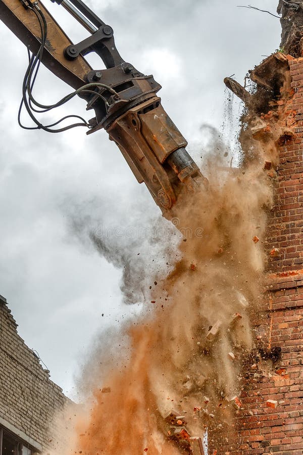 Excavator Breaks an Old Brick Wall. Stock Image - Image of demolish ...