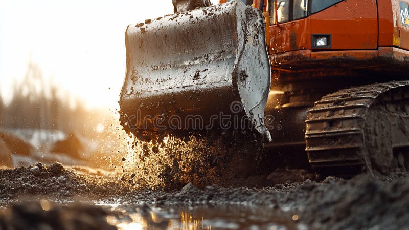 Excavator Bucket Digging Mud at Sunset Stock Illustration ...