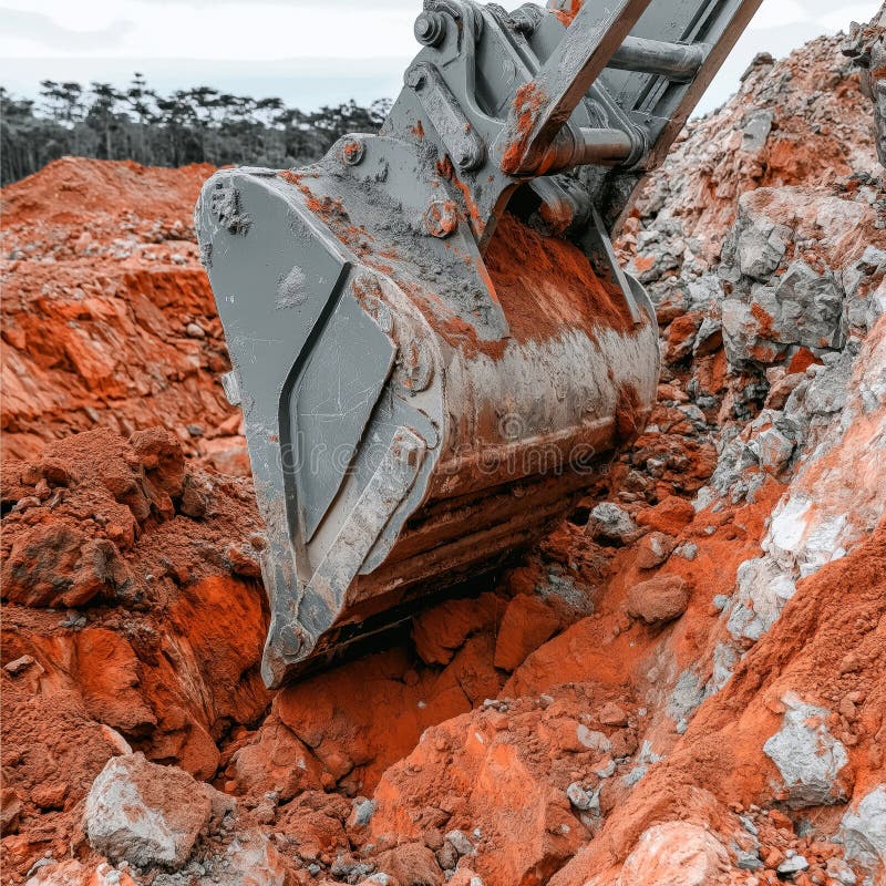 Excavator Bucket Digging Red Clay during Earthmoving Works Stock Image ...