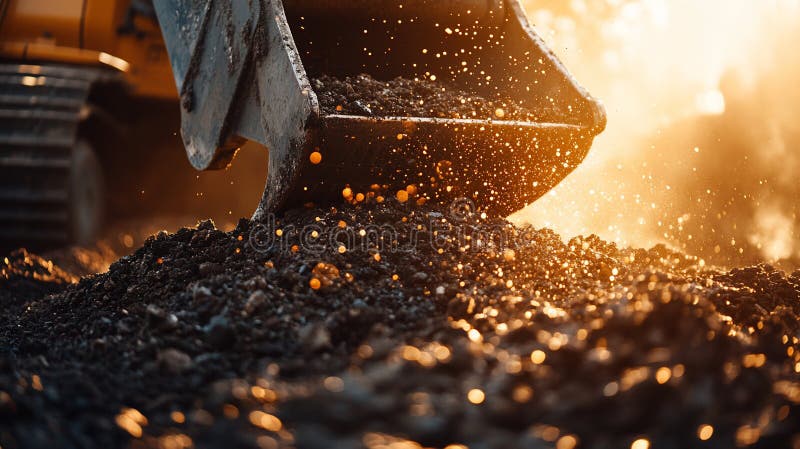 Excavator Bucket Dumping Soil at Sunset Stock Illustration ...