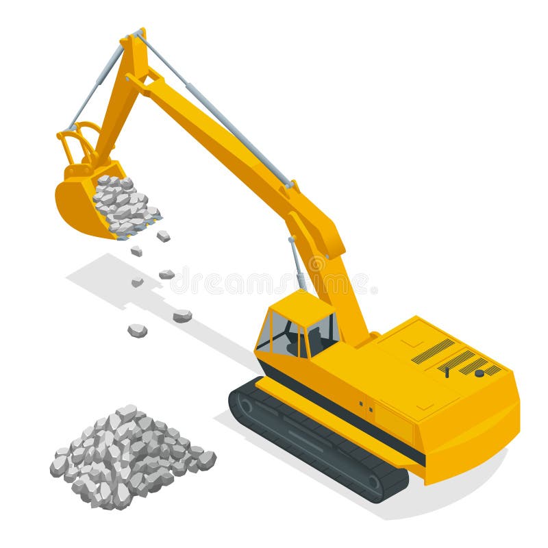 Excavator with Bucket Lift Up are Digging. Isometric Yellow Excavator ...