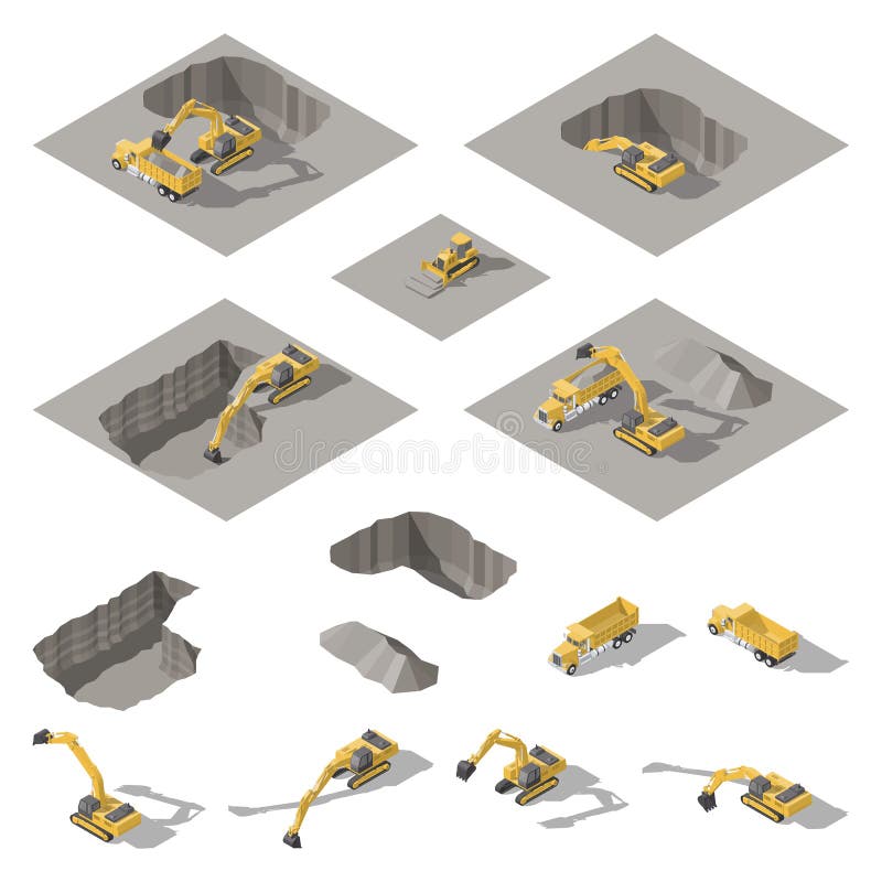 Excavator and Bulldozer Digs a Pit on the Construction Site Isometric ...