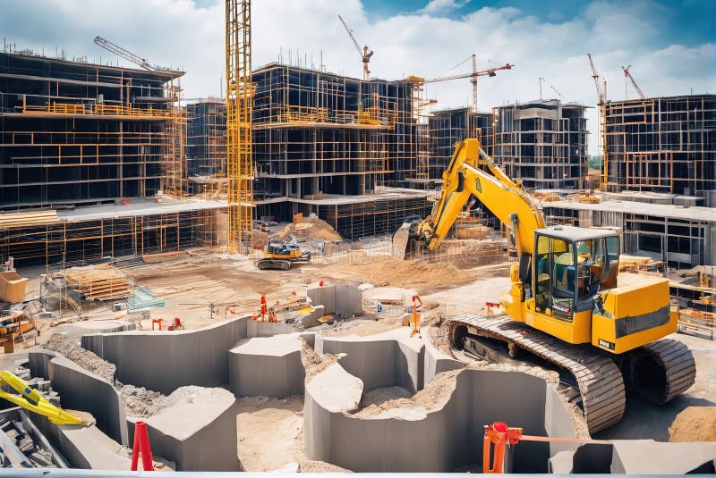 Excavator in Busy Messy Construction Site Stock Illustration ...