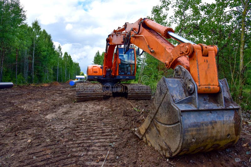 Excavator Clearing Forest for New Development. Orange Backhoe Modified ...