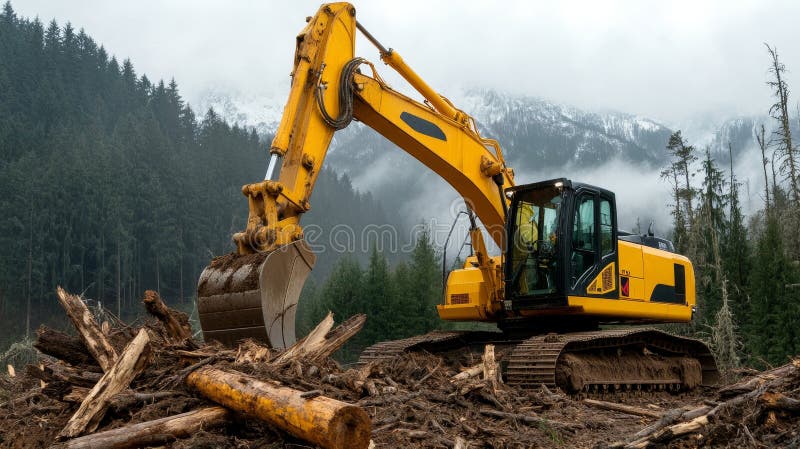 Excavator Clearing Forest Path Leaving Logs Behind a Powerful Yellow ...