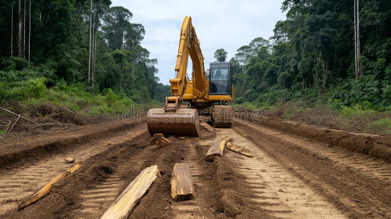 Excavator Clearing Land and Removing Tree Stumps in a Rainforest ...
